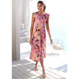 Lascana Damen Midikleid "mit R&uuml;schen&auml;rmeln und Blumendruck", pink, Gr. 40, bedruckt, Single Jersey, Obermaterial: 100% Viskose, Kleider, leichtes