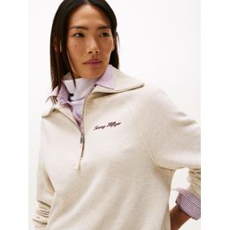 Tommy Hilfiger Damen Sweatshirt "CLASSIC SCRIPT FLEECE HALF-ZIP", beige, Gr. M, meliert, Sweatware, Obermaterial: 77% Baumwolle, 23% Polyester,