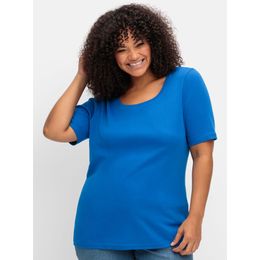 sheego Damen Kurzarmshirt "T-Shirt", blau, Gr. 52, unifarben, 100% Baumwolle, Shirts