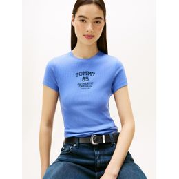 Tommy Jeans Damen Kurzarmshirt "TJW SLIM TOMMY 85 RIB SS TEE"light horizon blau, Gr. L, bedruckt, Single Jersey, Obermaterial: 95% Baumwolle, 5%