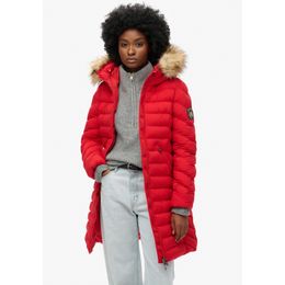 Superdry Damen Steppjacke "FUJI FAUX FUR HOOD MID LENGTH", rot, Gr. L, unifarben, Web, Obermaterial: 100% Polyester, Jacken