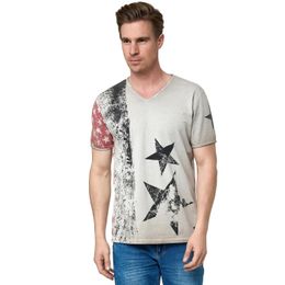 Rusty Neal Herren T-Shirt, beige, Gr. S, bedruckt, 100% Baumwolle, Shirts, mit V-Neck