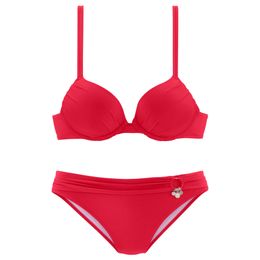 s.Oliver Damen Push-Up-Bikini, rot, Gr. 34, unifarben, Microfaser, Polyamid, Bikini-Sets, mit Zierring an der Hose