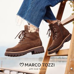 Marco Tozzi Damen Winterboots, Gr. 37dunkelbraun, Nubuklederimitat, unifarben mit Farbeinsatz, Schuhe, Blockabsatz, Schn&uuml;rboots mit Kontrastbesatz