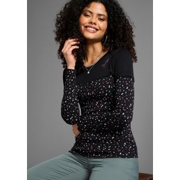 Kangaroos Damen 2-in-1-Langarmshirt, schwarz, Gr. 52, bedruckt, gemustert, kontrastfarbene Details, Obermaterial: 100% Baumwolle, Shirts, Langarm,