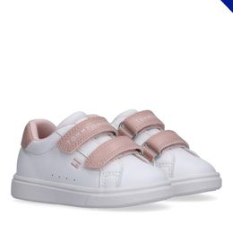 Tommy Hilfiger M&auml;dchen Sneaker, Gr. 28wei&szlig;, beige, Lederimitat, Schuhe, Klettschuh, Halbschuh, Freizeitschuh mit Logoverzierung