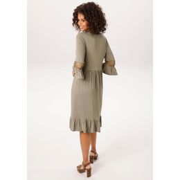 Aniston CASUAL Damen Tunikakleidhellkhaki, Gr. 40, unifarben, Single Jersey, Obermaterial: 95% Viskose, 5% Elasthan, Kleider, mit H&auml;kelspitze