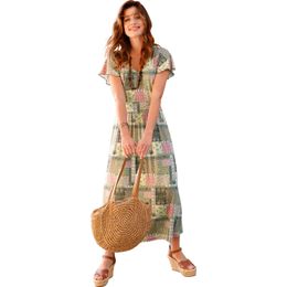 Damen Jerseykleid mit gesmoktem Taillenband hinten altrosa-oliv-bedruckt, Gr&ouml;&szlig;e 36