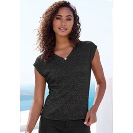 Lascana Kurzarmshirt 'mit Strassknopf in Bl&uuml;tenform' schwarz Gr. 48/50 f&uuml;r Damen. V-Ausschnitt und Zierknopf. Bequem. Nachhaltig.