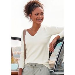 Vivance V-Ausschnitt-Pullover beige Gr. 40/42 f&uuml;r Damen. Mit tiefer V-Ausschnitt. Figurbetont. Nachhaltig.