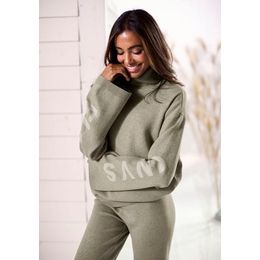 ELBSAND Sweater gr&uuml;n Gr. 44/46 f&uuml;r Damen. Hoch Geschlossener Ausschnitt und Stickerei. Bequem. Nachhaltig.