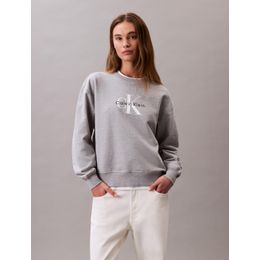 Sweatshirt Calvin Klein Jeans "LS MNLG FRNCH TRRY R", Damen, Gr. S (38), heroic grau heather, Web, Obermaterial: 100% Baumwolle, regular fit normal, Rundhals, angeschnitten,eingesetzt Rippb&uuml;ndchen, Sweatshirts Sweatshirt, Mit Rundhalsausschnitt