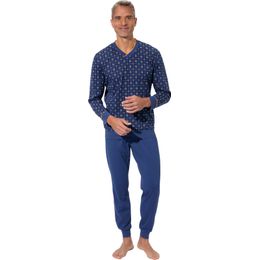 Herren Schlafanzug mit B&uuml;ndchenabschl&uuml;ssen royalblau-bedruckt, Gr&ouml;&szlig;e 52/54