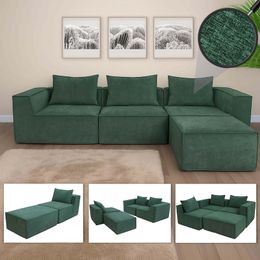 L-Sofa MCW-O54, Lounge-Couch mit Ottomane, erweiterbar modular rechts/links, Stoff/Textil 63x270x190cm ~ gr&uuml;n