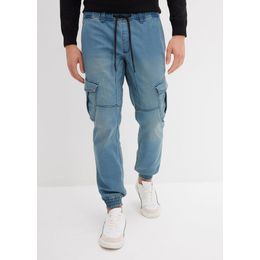 bonprix Regular-Fit Jeans-Jogger mit Dehnbund Straight, blau, Gr.50, Joggpants aus elastischem Baumwollstoff mit Cargotaschen und angesagtem Used-Effekt, 73% Baumwolle