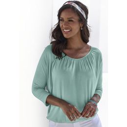 Lascana 3/4-Arm-Shirt 'mit zarter Raffung am Ausschnitt' gr&uuml;n Gr. 36/38 f&uuml;r Damen. Mit V-Ausschnitt. Figurumspielend. Nachhaltig.