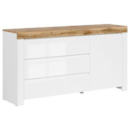 Kommode, Wei&szlig;, Eiche Wotan, Wei&szlig; Hochglanz, Holzwerkstoff, 1 F&auml;cher, 3 Schublade(n) Schubladen, 156x83.5x42 cm, Wohnzimmer, Kommoden & Sideboards, Kommoden