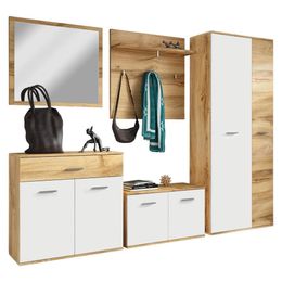 Boxxx Garderobe Irys, Wei&szlig;, Eiche Wotan, Glas, Holzwerkstoff, 5-teilig, 240x190x35 cm, Garderobe, Garderoben-Sets & Serien, Garderoben-Sets