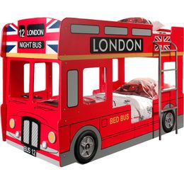 Vipack Etagenbett &raquo;London, in Londoner Stadtbuss-Optik, das Highlight im Kinderzimmer&laquo; B/H/T ca. 215x132x100cm, MDF rot lackiert mit Applikationen, inkl. 