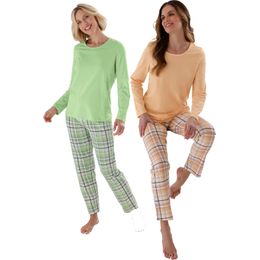 w&auml;schepur Damen Schlafanz&uuml;ge mit karierten Hosen apricot-bedruckt + reseda-bedruckt Gr&ouml;&szlig;e 52/54
