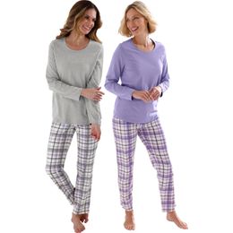 w&auml;schepur Damen Schlafanz&uuml;ge mit karierten Hosen grau-meliert-bedruckt + lavendel-bedruckt Gr&ouml;&szlig;e 36/38
