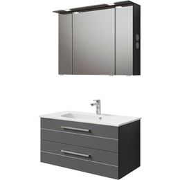 Badm&ouml;bel-Set &raquo;Serie 6025 2-teilig Mineralmarmor-Waschtisch mit LED-Spiegelschrank&laquo; 2 Stk. tlg. grau Spanplatte