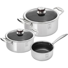 HENSSLERS Topf-Set Set, 1 Universaltopf &Oslash; 20 cm und &Oslash; 24 cm mit Deckel, 1 Stieltopf 2,2 l, 5 Stk. tlg. Edelstahl silber