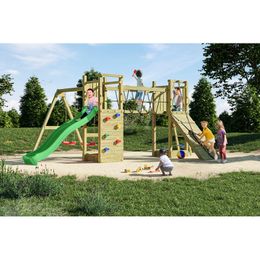Fungoo Spielturm &raquo;Maxi Funny Exposure&laquo; Schaukel, Rutsche mit Wasseranschluss, Sandkasten, Br&uuml;ckenverbindung gr&uuml;n Holz, Metall, Polyethylen