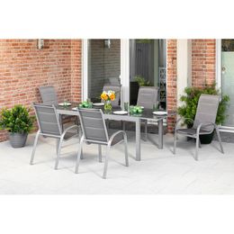 Merxx Garten-Essgruppe &raquo;Amalfi di lusso&laquo; 7 Stk. tlg. 6 Stapelsessel, Hochlehner mit ausziehbarem Tisch braun Aluminium, Polyester