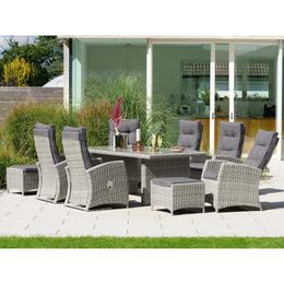 Konifera Garten-Essgruppe &raquo;Monaco&laquo; Set, 6x Sessel, 2x Hocker, 1x Tisch 200x100x74cm, inkl. Auflagen, 17 Stk. tlg. Polyrattan, Aluminium, R&uuml;ckenlehne 