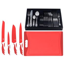 King Besteck-Set &raquo;&raquo;BAS&laquo; inkl. Etui, 4 K&uuml;chenmesser und 1 Schneidebrett&laquo; rot Edelstahl 18/0