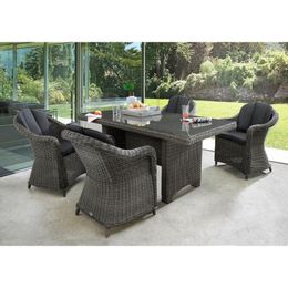 Destiny Garten-Essgruppe &raquo;MALAGA LUNA&laquo; Set, 13 Stk. tlg. Polyrattan, 4 Sessel + Tisch 200x100x75cm, inkl. Auflagen grau