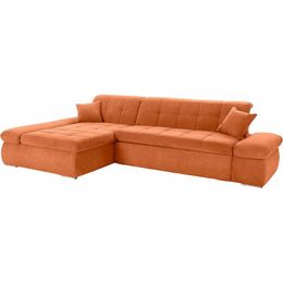 DOMO collection Ecksofa &raquo;NMoric XXL, B/T/H: 300/172/80cm, L-Form&laquo; wahlweise mit Bettfunktion und Armlehnverstellung orange Chenille (85% Polyester, 15