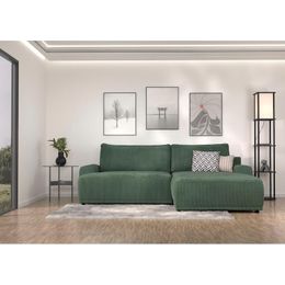 Trendmanufaktur Ecksofa &raquo;Fordon, Schlafsofa mit Bettkasten, Couch in L-Form, Breite 250 cm&laquo; in Cordstoff HYPER, dunkelgr&uuml;n, Recamiere rechts gr&uuml;n 92% 