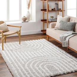 Hochflor-Teppich &raquo;TRAKAI&laquo; rechteckig 52 mm H&ouml;he Flauschig, Langflor, Weich, Boho Wohnzimmerteppich, Grau wei&szlig; Kunstfaser
