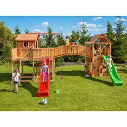 Fungoo Spielturm &raquo;MAXI SET JOYFUL CASTEL&laquo; mit Schaukel & Rutsche, Klettererweiterung, Spielhaus, Sandkasten rot Holz, Metall, Polyethylen