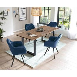 Salesfever Essgruppe &raquo;Stilvolle Essgruppe&laquo; Set, 5 Stk. tlg. 5-teilige Sitzgruppe mit 360&deg; Drehplatte und echter Baumkante blau Massivholz, Metall, 