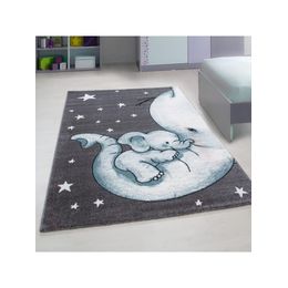 KADIMA DESIGN Kinderteppich Elefant Polypropylen saugroboter Kurzflor Kinderzimmer in Blau | Gr.: 80 x 150 cm