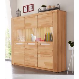 Highboard OTTO HOME "Kolding", beige (kernbuche teilmassiv), B:140cm H:145cm T:40cm, Holz teilmassiv, Sideboards, Highboard, Breite 140 cm mit 3 Glast&uuml;ren