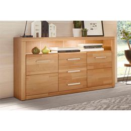 Sideboard OTTO HOME "Ribe,130cm breit,80cm hoch,Oberplatte Holz massiv,6 F&auml;cher", beige (kernbuche teilmassiv), B:130cm H:80cm T:35cm, Holz teilmassiv, Sideboards, Sideboard, Holz massiv, Holzwerkstoff, Metall Griffe,2 T&uuml;ren,3 Schubladen