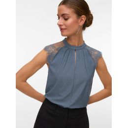 V&eacute;ro Moda Spitzentop VERO MODA "VMMILLA SL LACE TEE", Damen, Gr. S, blau (china blau), Jersey, Obermaterial: 95% Polyester, 5% Elasthan, unifarben, normal, Rundhals, Tops Spitzentop, Materialmix, regular fit