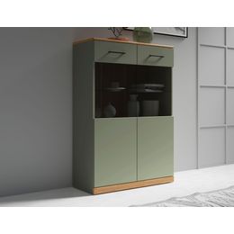 Highboard OTTO HOME "Ribe,125cm hoch,87cm breit,4 breite F&auml;cher", salbei, eiche, B:87cm H:125cm T:35cm, FSC-zertifizierter Holzwerkstoff, Massivholz, Sideboards, Highboard, Oberplatte Eiche massiv,dunkles Glas, schwarze Metall Griffe