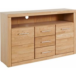 Sideboard OTTO HOME "Ribe,130cm breit,80cm hoch,Oberplatte Holz massiv,6 F&auml;cher", braun (eiche teilmassiv), B:130cm H:80cm T:35cm, Holz teilmassiv, Sideboards, Sideboard, Holz massiv, Holzwerkstoff, Metall Griffe,2 T&uuml;ren,3 Schubladen