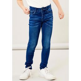 Stretch-Jeans name it "NKMTHEO DNMCLAS PANT", Jungen, Gr. 98, N-Gr, blau (dunkelblau denim), Denim/Jeans, Obermaterial: 41% Viskose, 31% Baumwolle, 25% Polyester, 3% Elasthan, Abriebeffekte, slim fit normal, Jeans 5-Pocket-Jeans