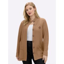 sheego Gro&szlig;e Gr&ouml;&szlig;en Longstrickjacke mit Stehkragen, camel, Gr&ouml;&szlig;e 52 - Damen