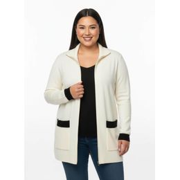 sheego Gro&szlig;e Gr&ouml;&szlig;en Longstrickjacke mit Rei&szlig;verschluss, ecru-schwarz, Gr&ouml;&szlig;e 46 - Damen