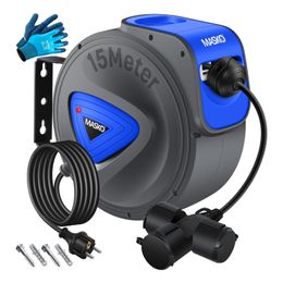 Masko&reg; Automatik Kabeltrommel Verl&auml;ngerungskabel mit 3-Fach Anschluss 180&deg; drehbar 1,5m Zuleitung Wandhalterung Werkstatt Kabelaufroller Automatisch Stromtrommel Schlauchaufroller Inkl. Handschuhe