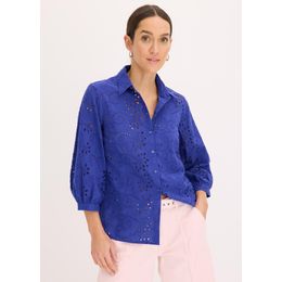 bonprix Lochstickerei-Bluse, blau, Gr.46, modische Bluse mit Lochstickerei, aus 100% Baumwolle