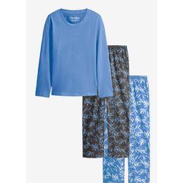 bonprix Pyjama (3-tlg.Set) aus reiner Baumwolle, blau, Gr.48/50 (XL), Pyjamaoberteil mit Rundhalsausschnitt und langen &Auml;rmeln sowie zwei Pyjamahosen mit sch&ouml;nem Druck, aus 100% Baumwolle
