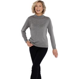 Damen Stehkragenpullover Feinstrick mit Glitzersteinchen grau, Gr&ouml;&szlig;e 54